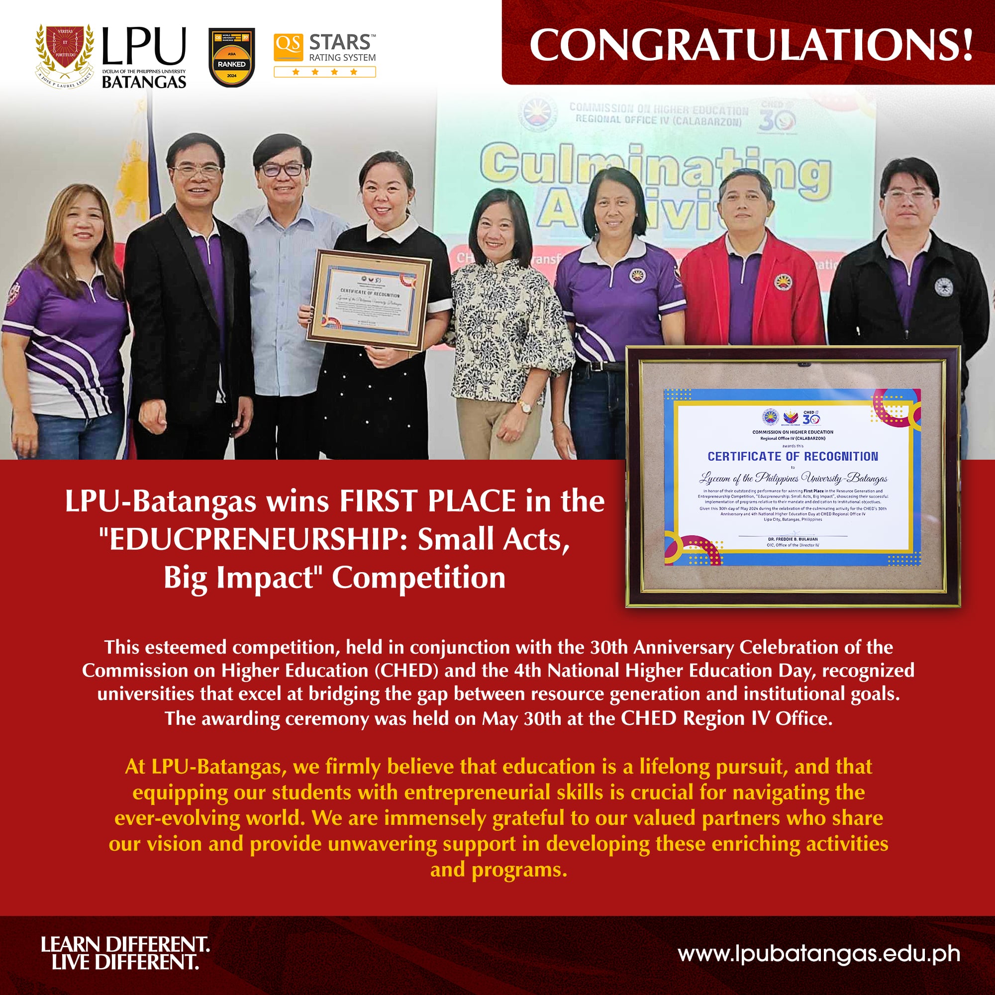 LPU-Batangas wins First Place in "EDUCPRENEURSHIP: Small Acts, Big ...